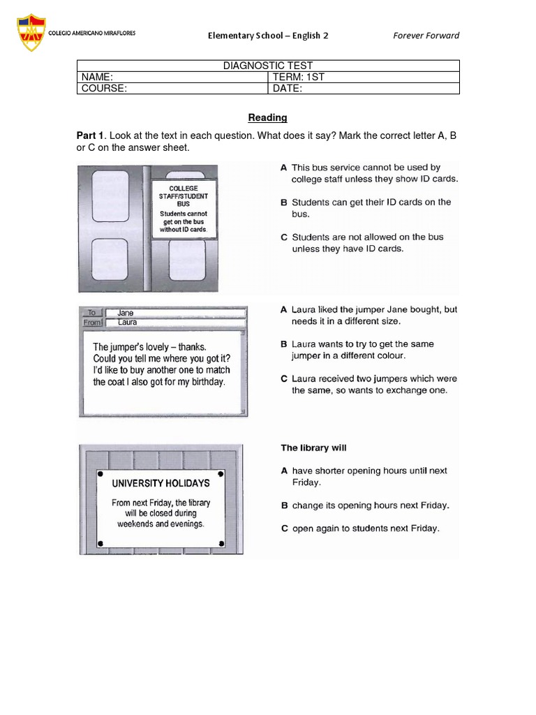 Elementary English Diagnostic Test Summary Pdf