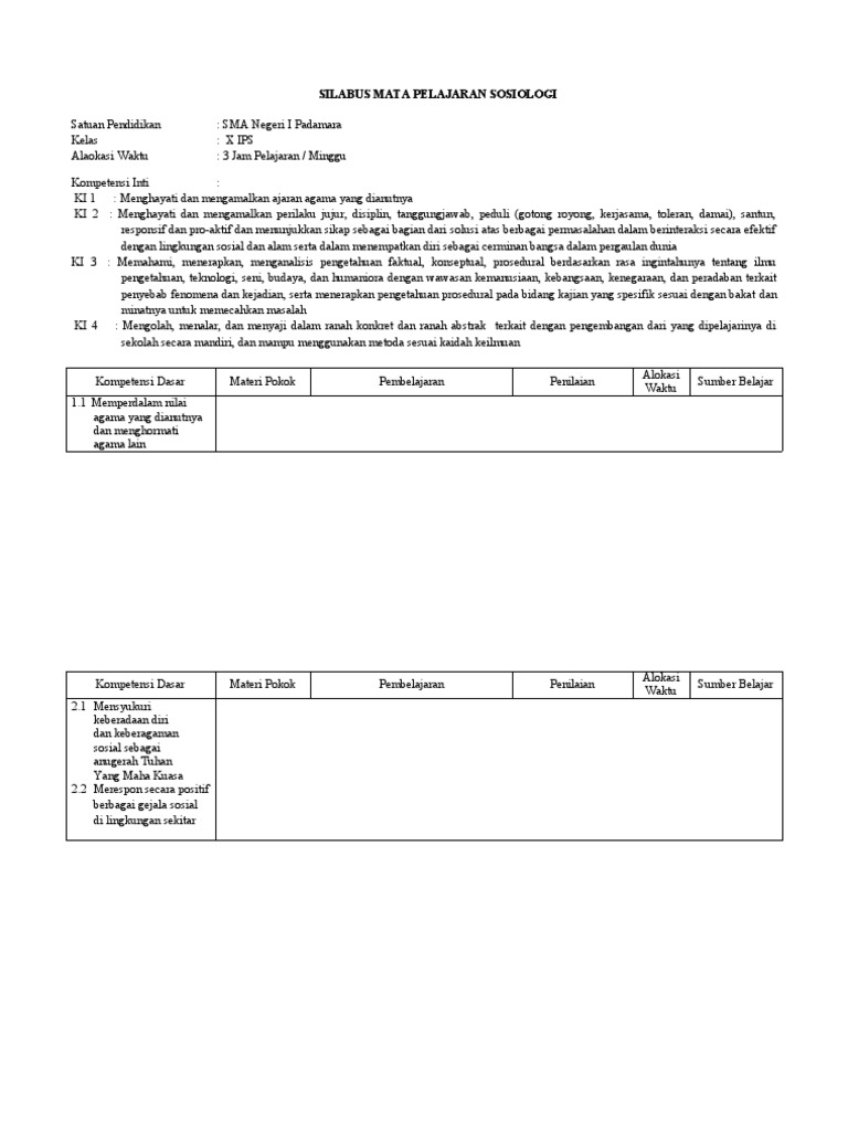 Silabus Sosiologi Kelas 10 SMA-NEXA | PDF