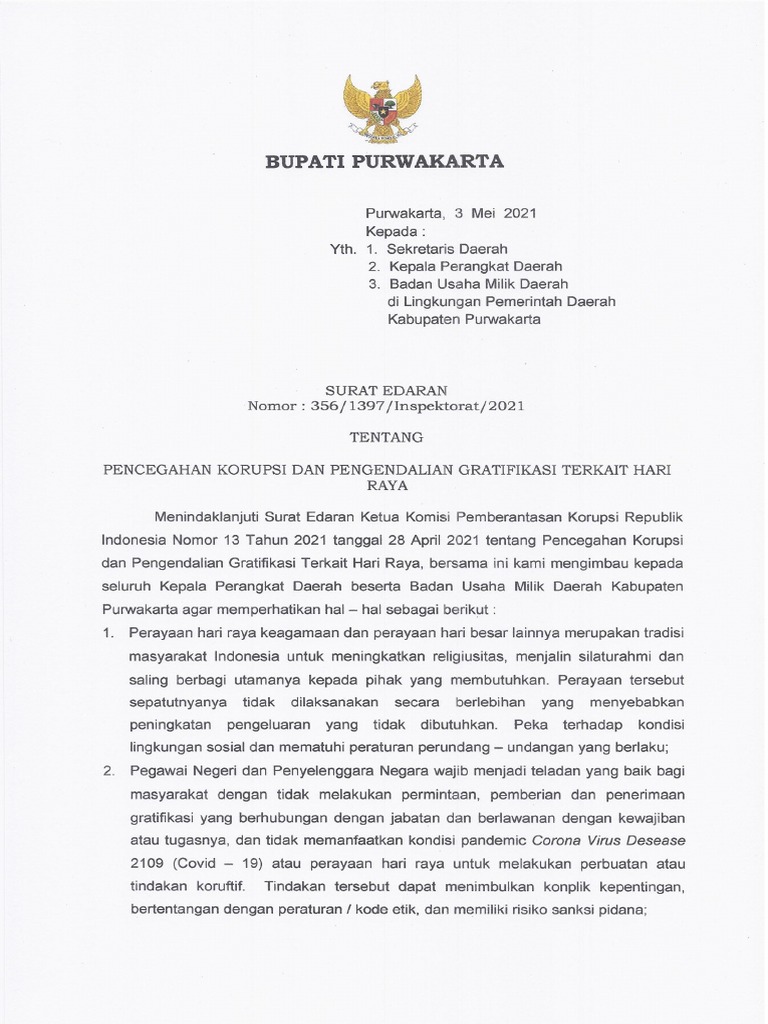 Surat Edaran Pencegahan Korupsi Dan Pengendalian Gratifikasi Terkait Hari Raya PDF | PDF