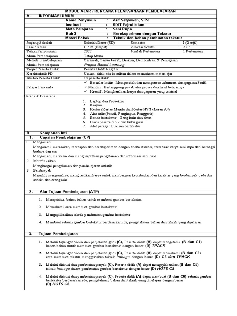 Modul Ajar Seni Rupa Berekperimen Dengan Tekstur | PDF