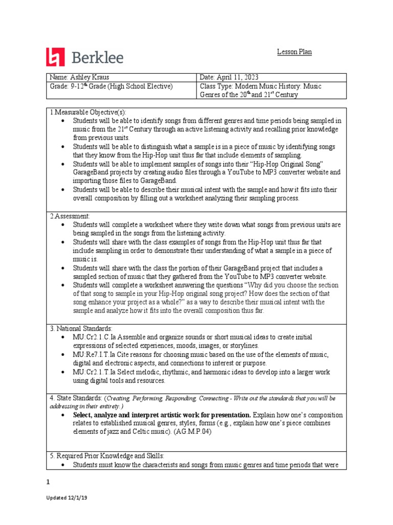 Revised High School Lesson Plan - Ashley Kraus | PDF | Garage Band ...