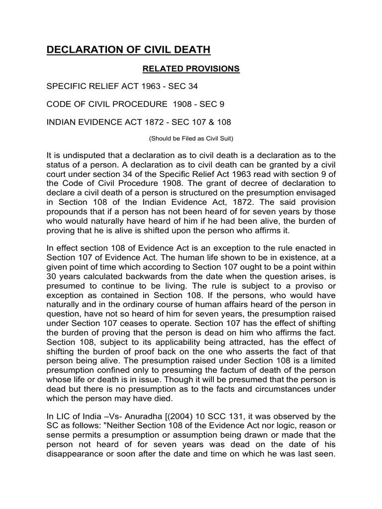 Declaration of Civil Death | PDF | Burden Of Proof (Law) | Legal Procedure