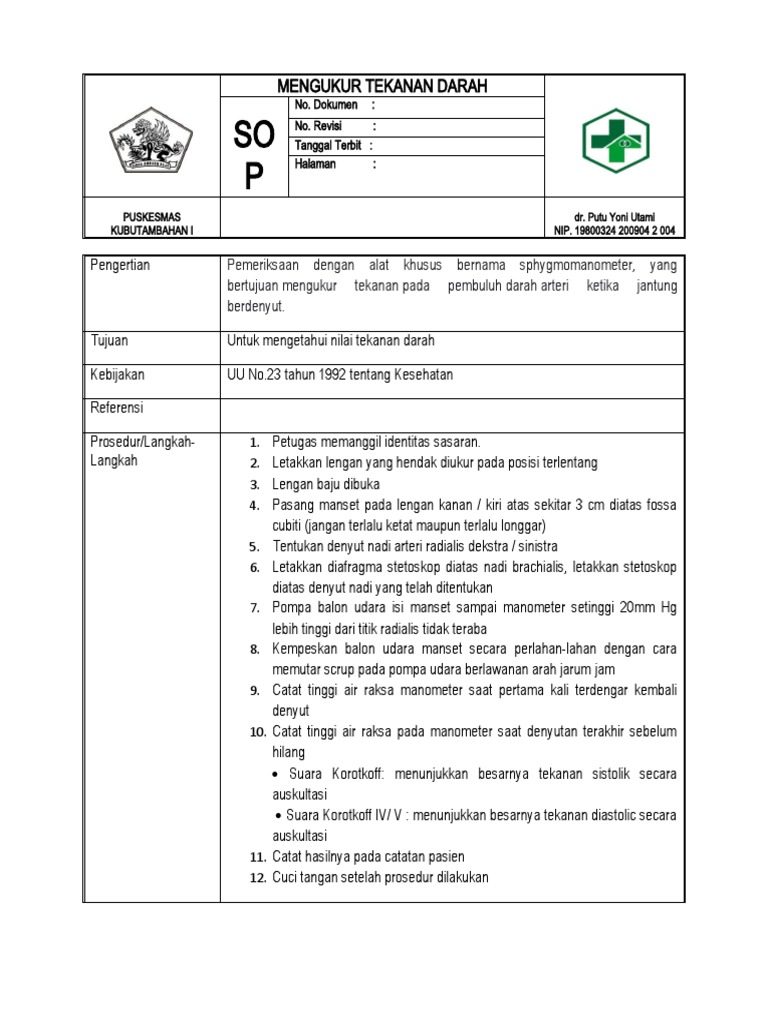 Sop Mengukur Tekanan Darah | PDF