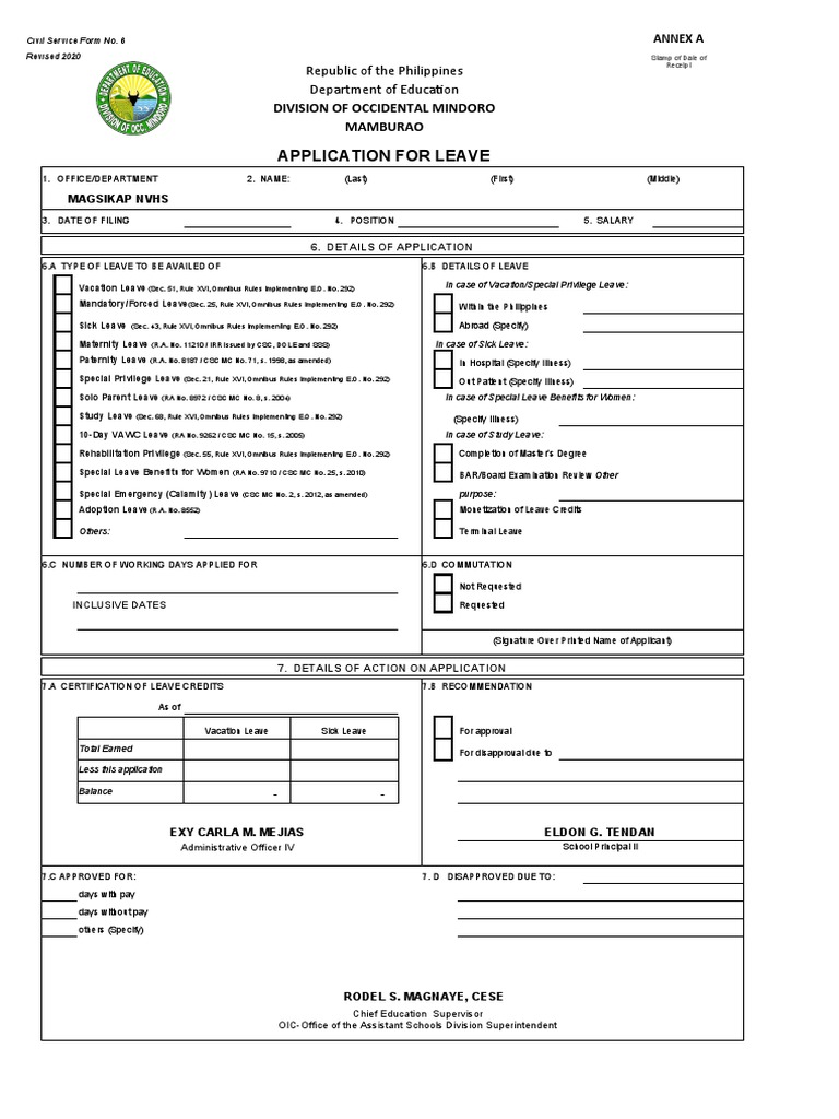 CS-Form-No.-6-Rev-2020-Leave Form Blank | PDF | Sick Leave | Social ...