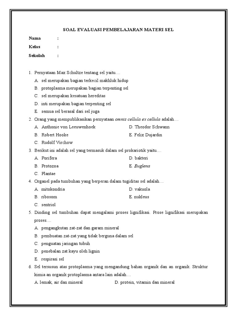 Soal Evaluasi Pembelajaran Materi Sel | PDF | Kajian Bahasa Asing | Sains & Matematika