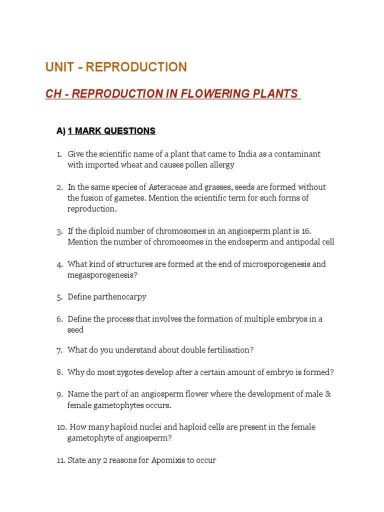 CH 2 Rep. in Flowering Plants 2023 - 24 WS | PDF | Seed | Sexual ...