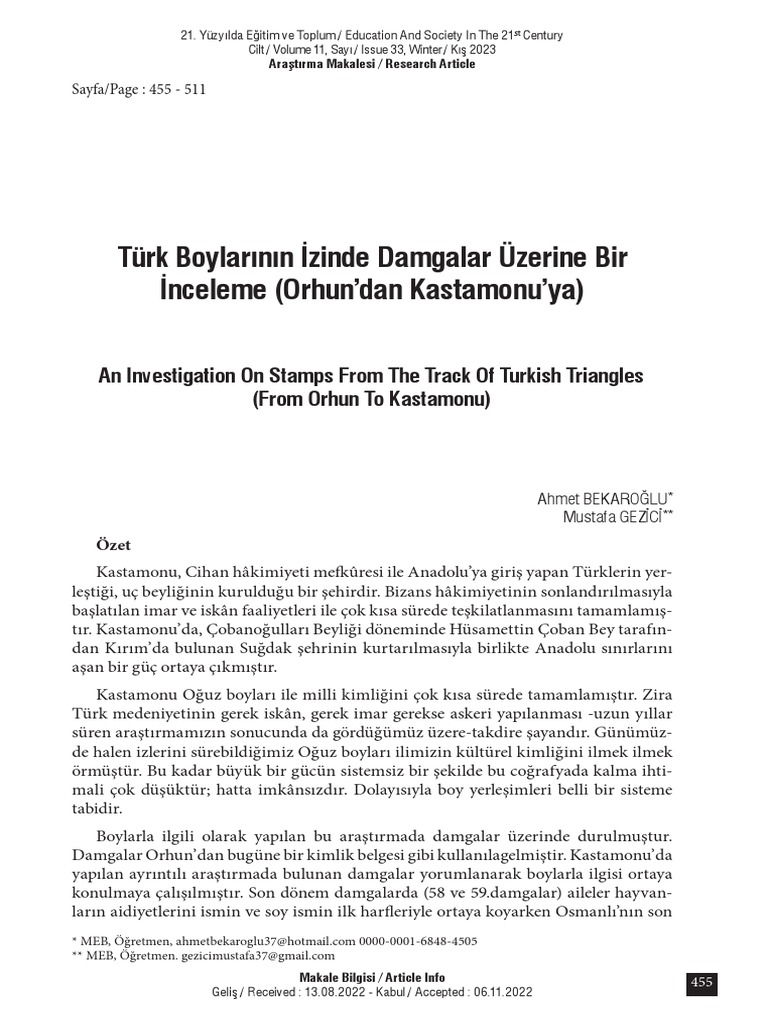 T - RK Boylar - N - N - Zinde Damgalar - Zerine Bir - Nceleme (Orhun - Dan Kastamonu - Ya ...