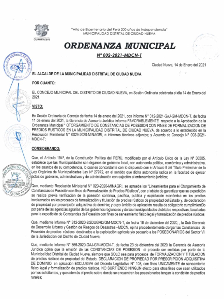 Ordenanza Municipal N°002-2021-MDCN-T | PDF