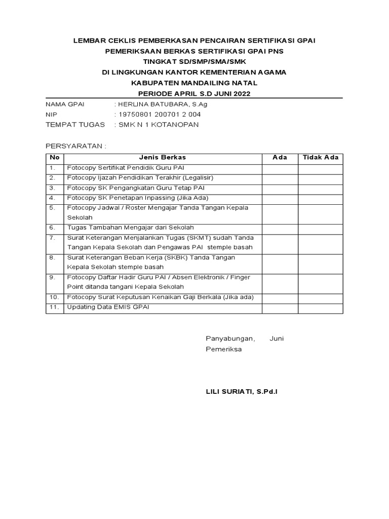 Lembar Ceklis Pemberkasan Pencairan Sertifikasi Gpai | PDF