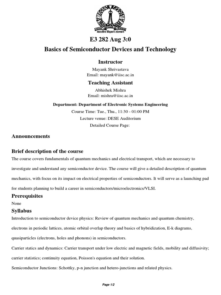 E3 282 Aug 3:0 Basics of Semiconductor Devices and Technology ...