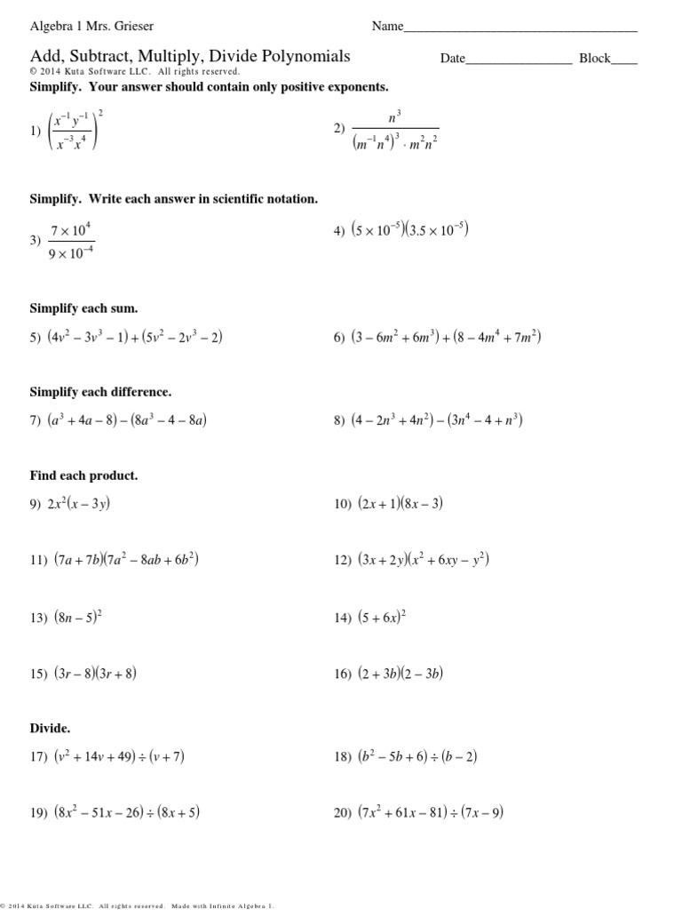 Kuta Add Subtract Multiply Divide Polynomials For After Bma PDF | PDF ...