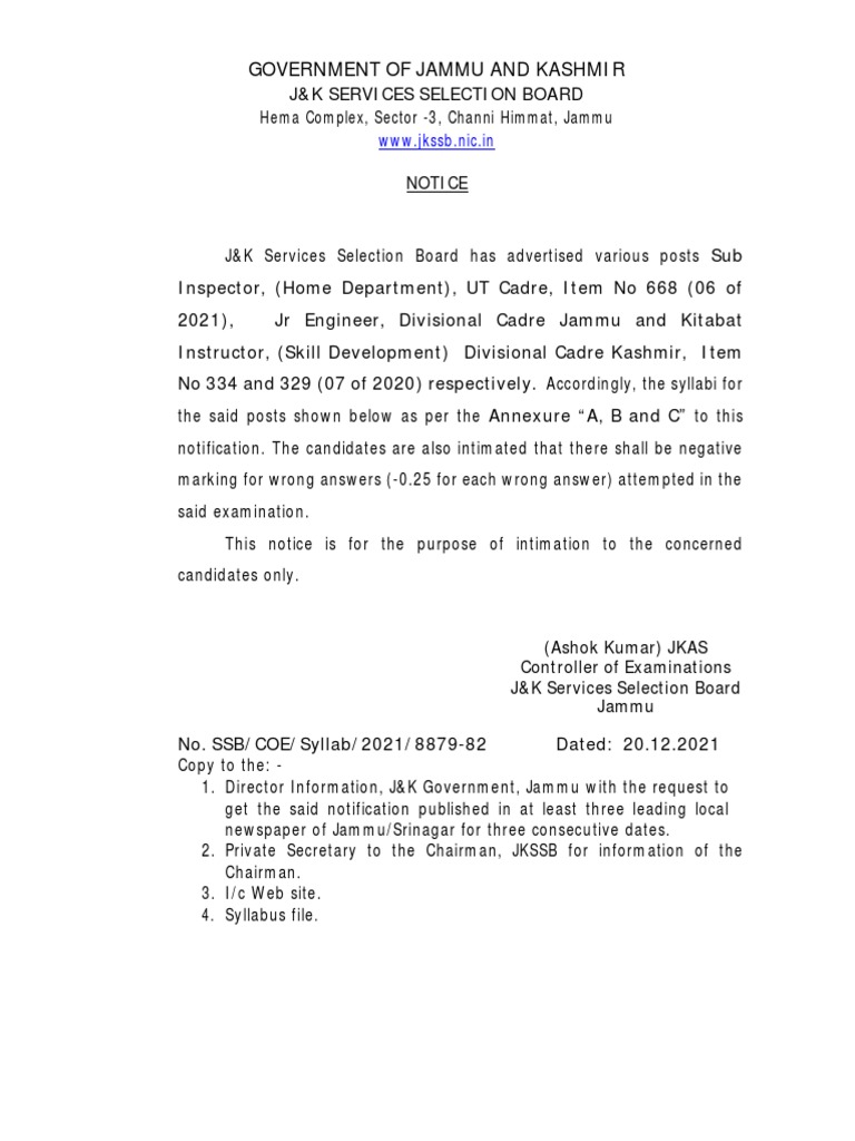 JKP SI Syllabus PDF Download | PDF