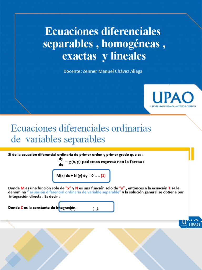 Sesión 13 - Ecuaciones Diferenciales Separables, Homogeneas, Exactas, Lineales | PDF ...