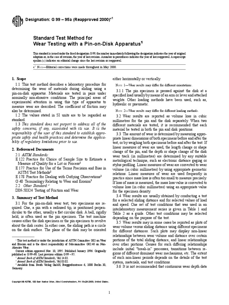 ASTM G99-95a STM For Wear Testing With A Pin-on-Disk Apparatus PDF ...