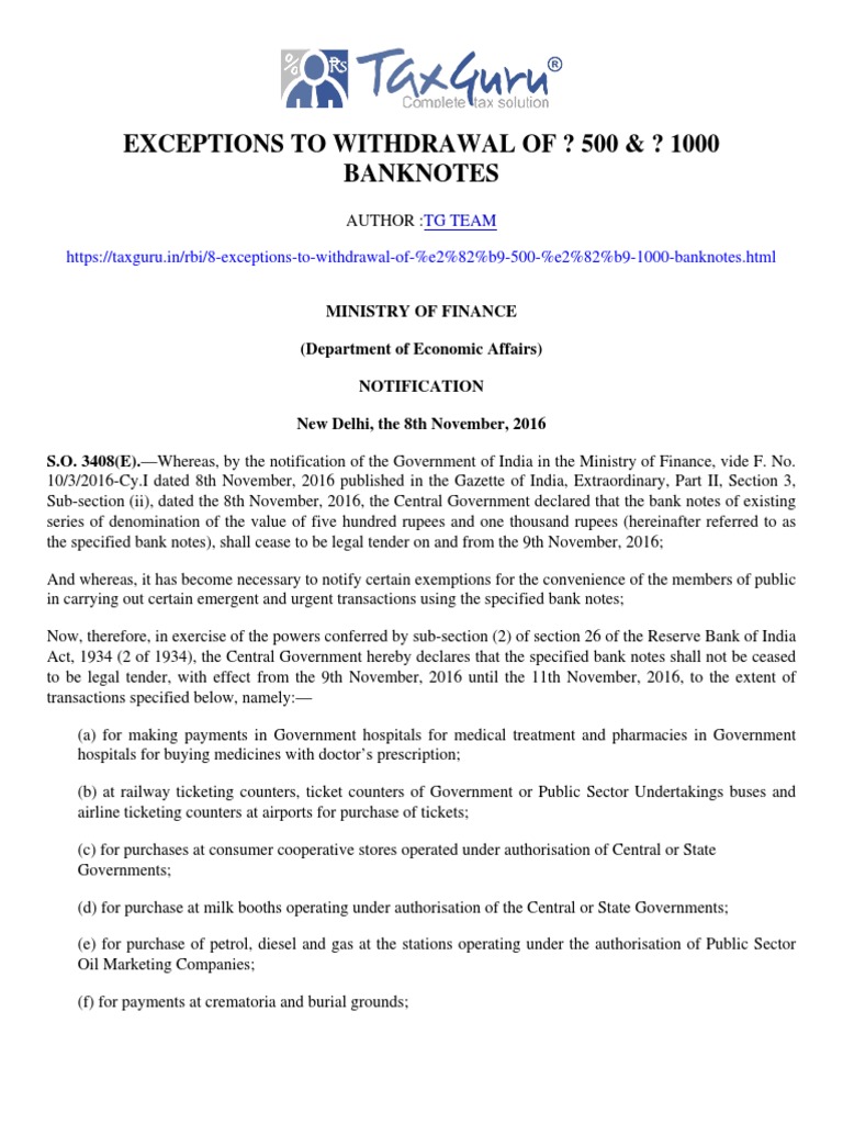 Exceptions for ₹500 & ₹1000 Notes | PDF | Legal Tender | Banknote