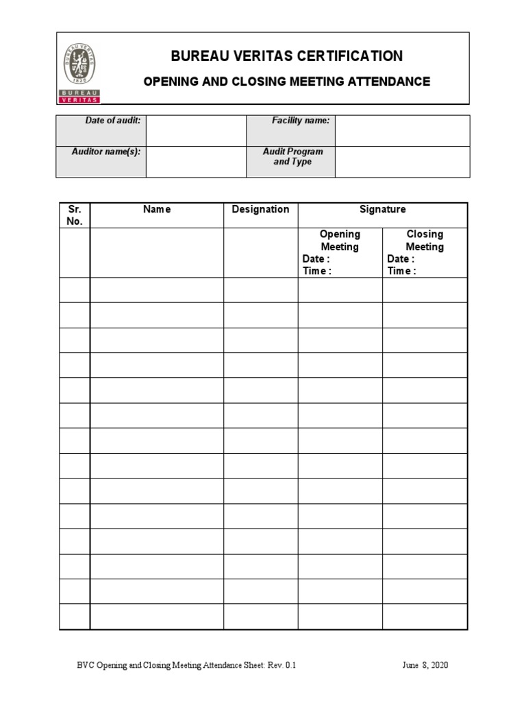 Opening & Closing Meeting Attendance Sheet | PDF