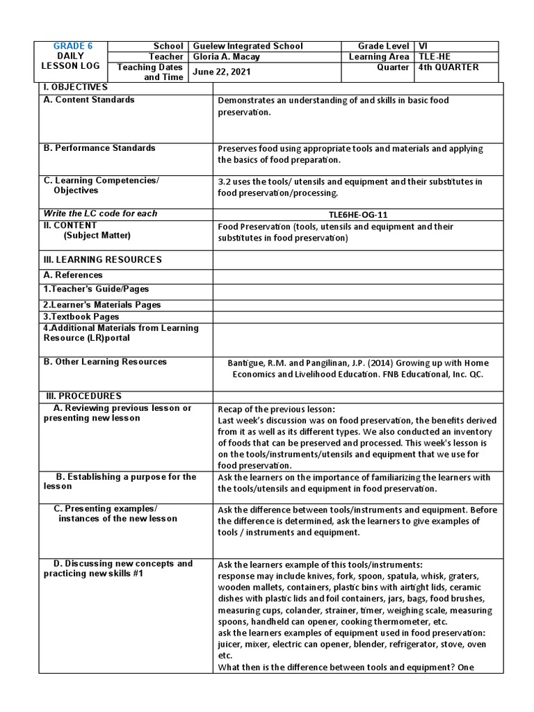Grade 6 Food Preservation Lesson Plan | PDF | Learning | Teachers