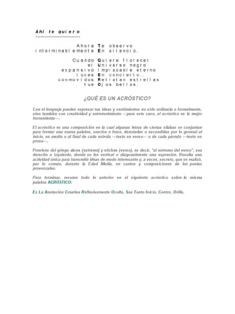 Proyecto Español Acrostico y Palindromo | PDF | Poesía | Prosa