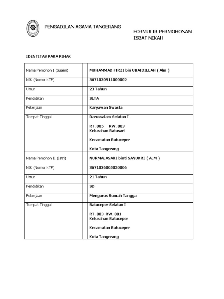 Formulir Permohonan Isbat Nikah | PDF
