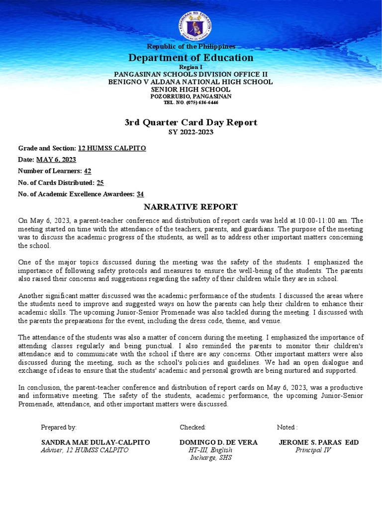 Summary of the 3rd Quarter Parent-Teacher Conference and Report Card ...