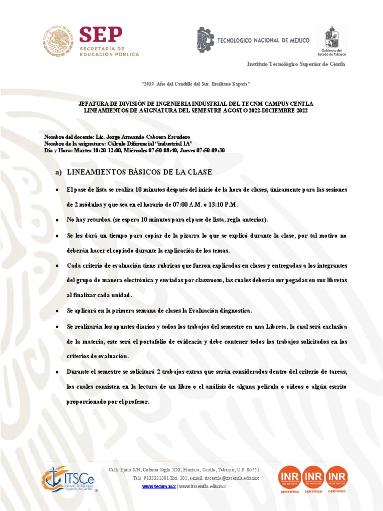 Lineamiento de Clases (INDUSTRIAL 1A) CÁLCILO DIFERENCIAL | PDF ...