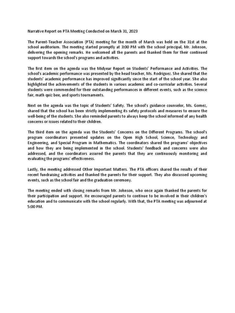 Narrative Report on PTA Meeting Conducted on March 31 | PDF