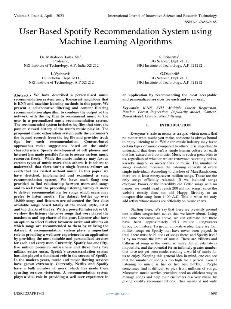 User Based Spotify Recommendation System Using Machine Learning Algorithms | PDF | Support ...
