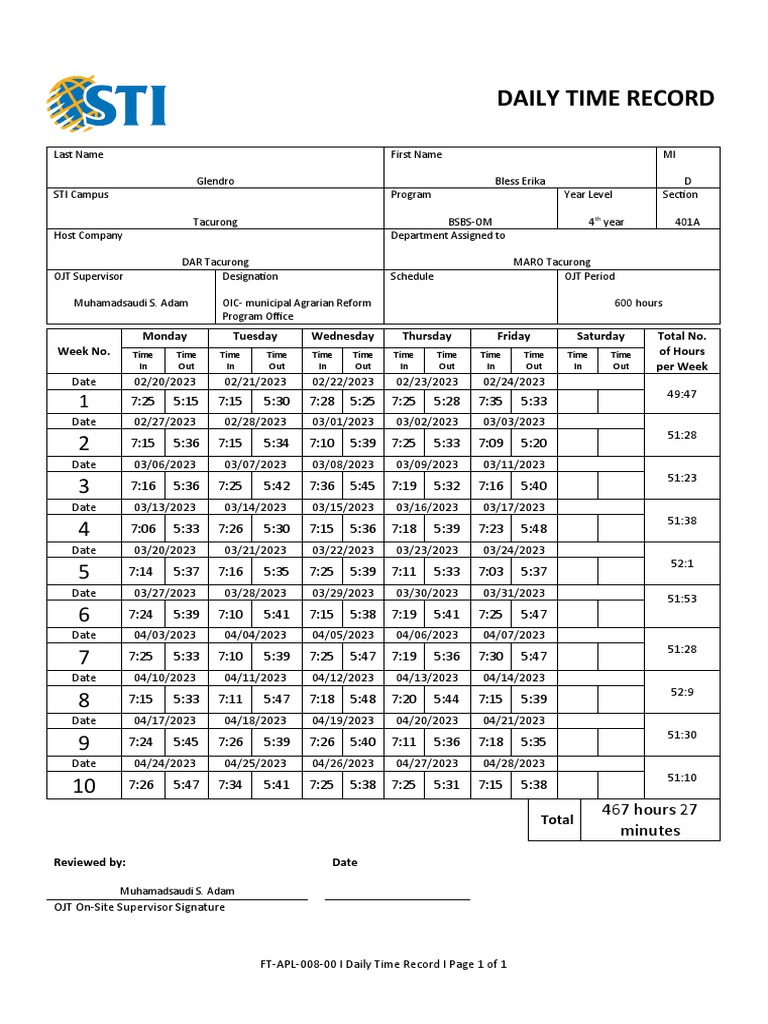 Daily Time Record for OJT Students | PDF