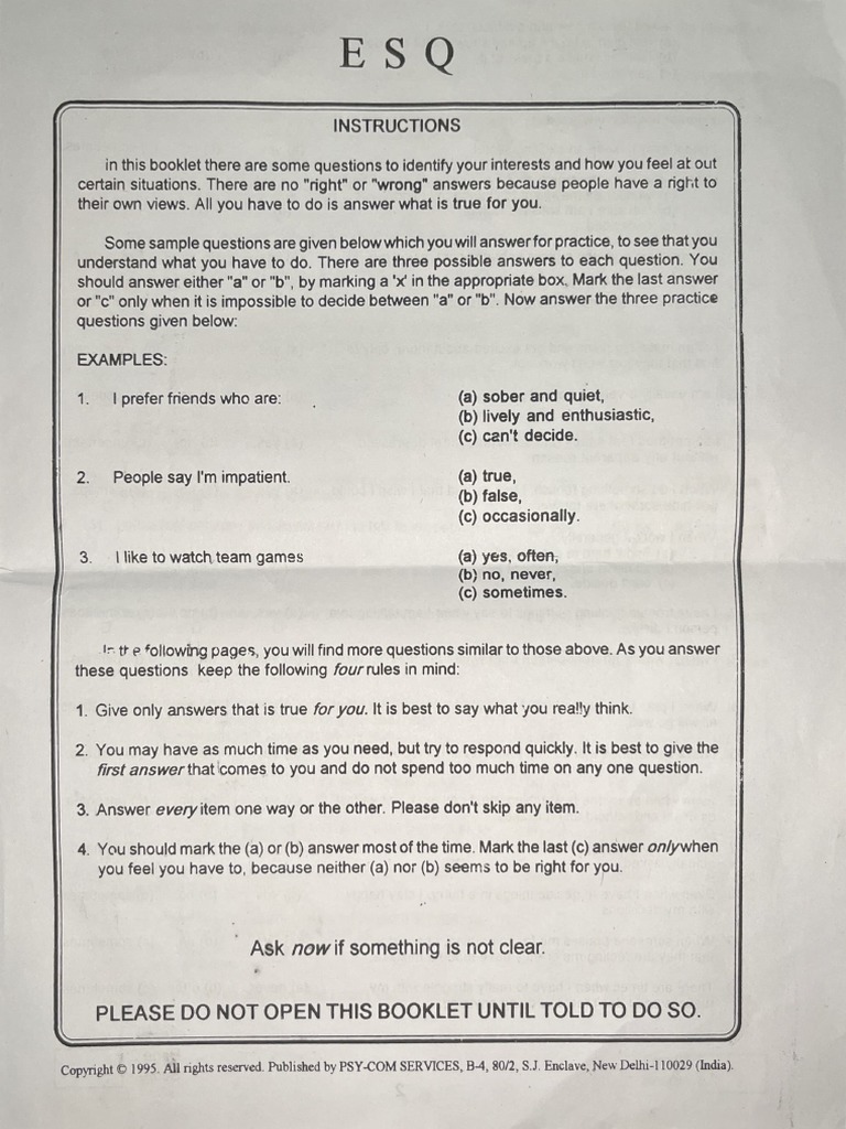 ESQ Psychology Practical | PDF