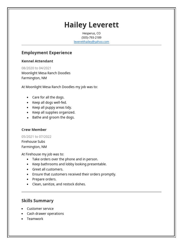 Hailey Leverett: Employment Experience | PDF