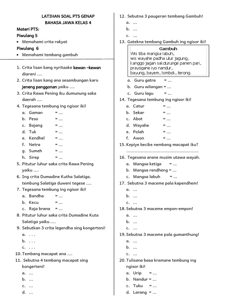 Latihan Soal B Jawa K4 PTS Genap | PDF