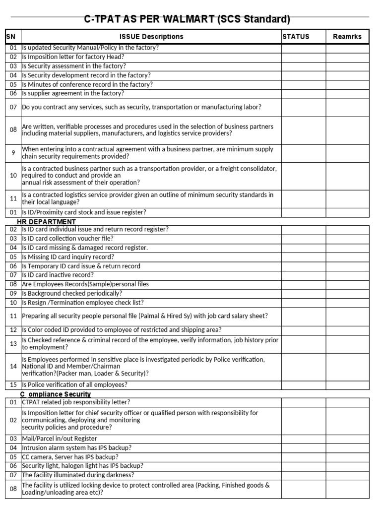 C-TPAT Compliance Checklist for Walmart | PDF | Employment | Identity ...