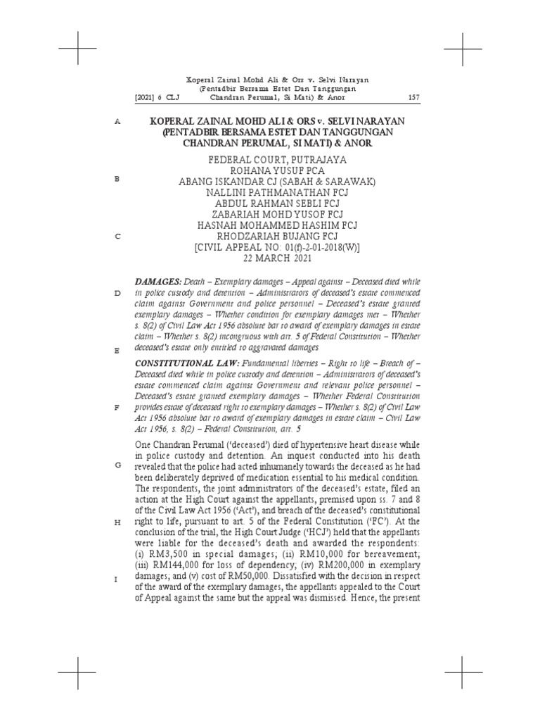 Koperal Zainal Mohd Ali & Ors v. Selvi Narayan (2021) 6 CLJ 157 | PDF | Damages | Punitive Damages