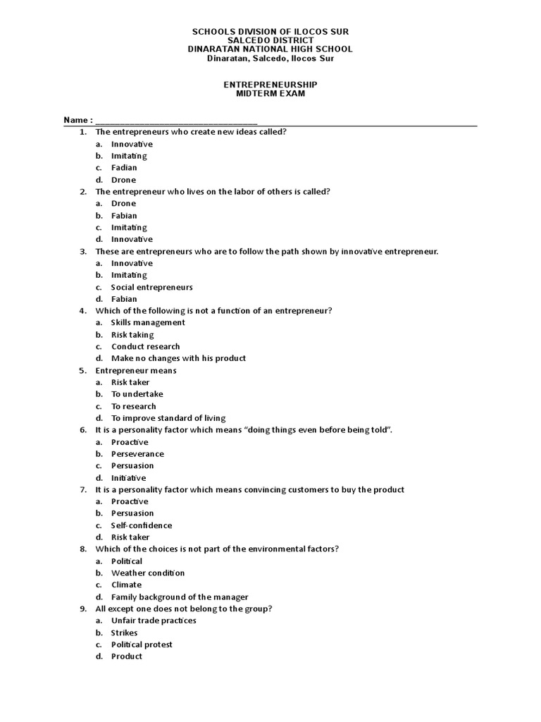 Entrep Midterm Exam | PDF | Debits And Credits | Bookkeeping