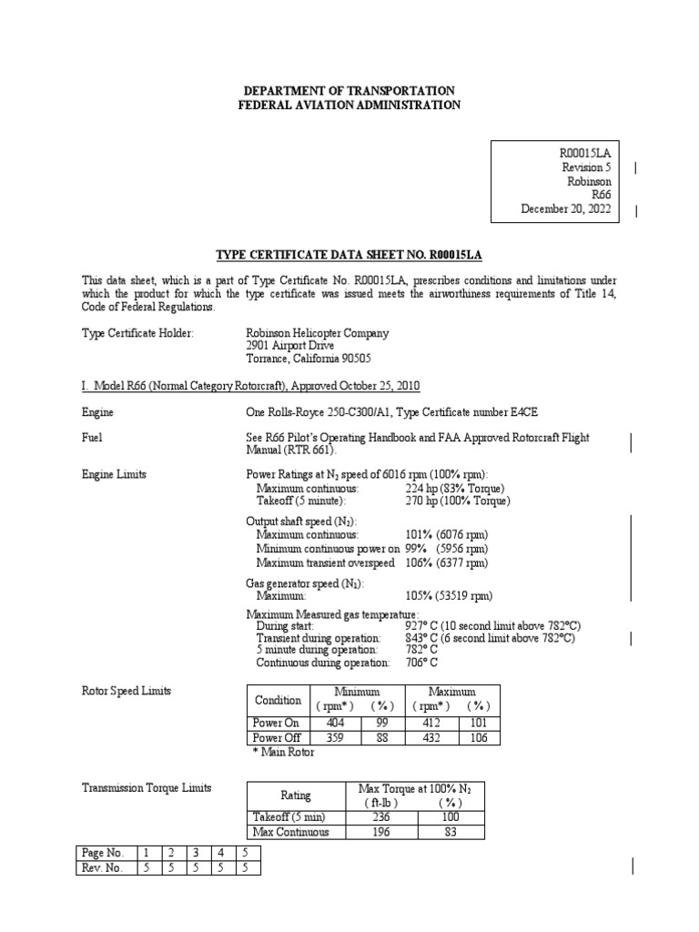 R66 TCDS R00015LA - Rev5 | PDF | Aviation | Transport