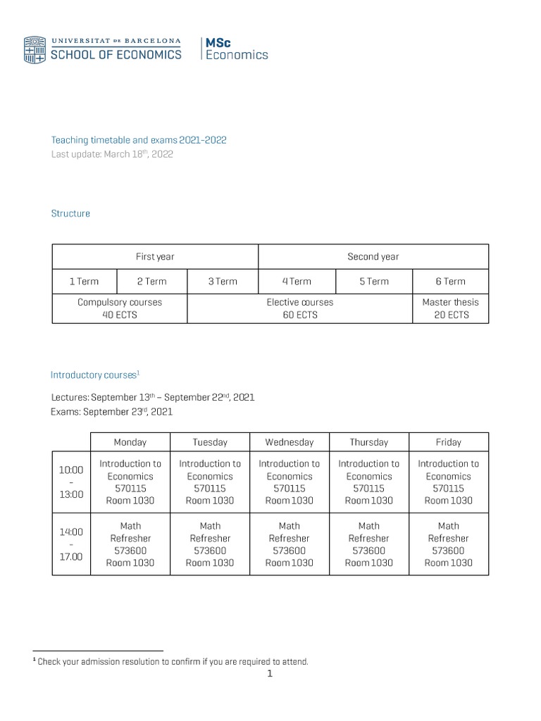 Timetable Exams 2021 2022 | PDF