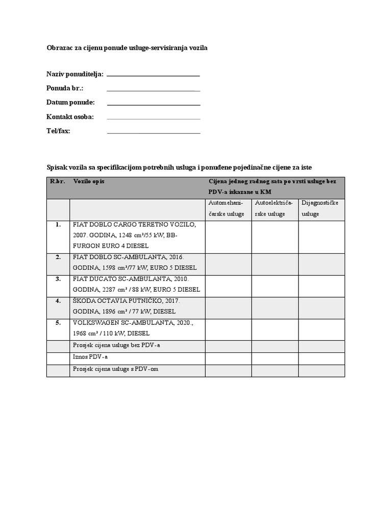 2023 - 4 - 5 Obrazac Za Ponudu Servis Vozila - 2023 | PDF