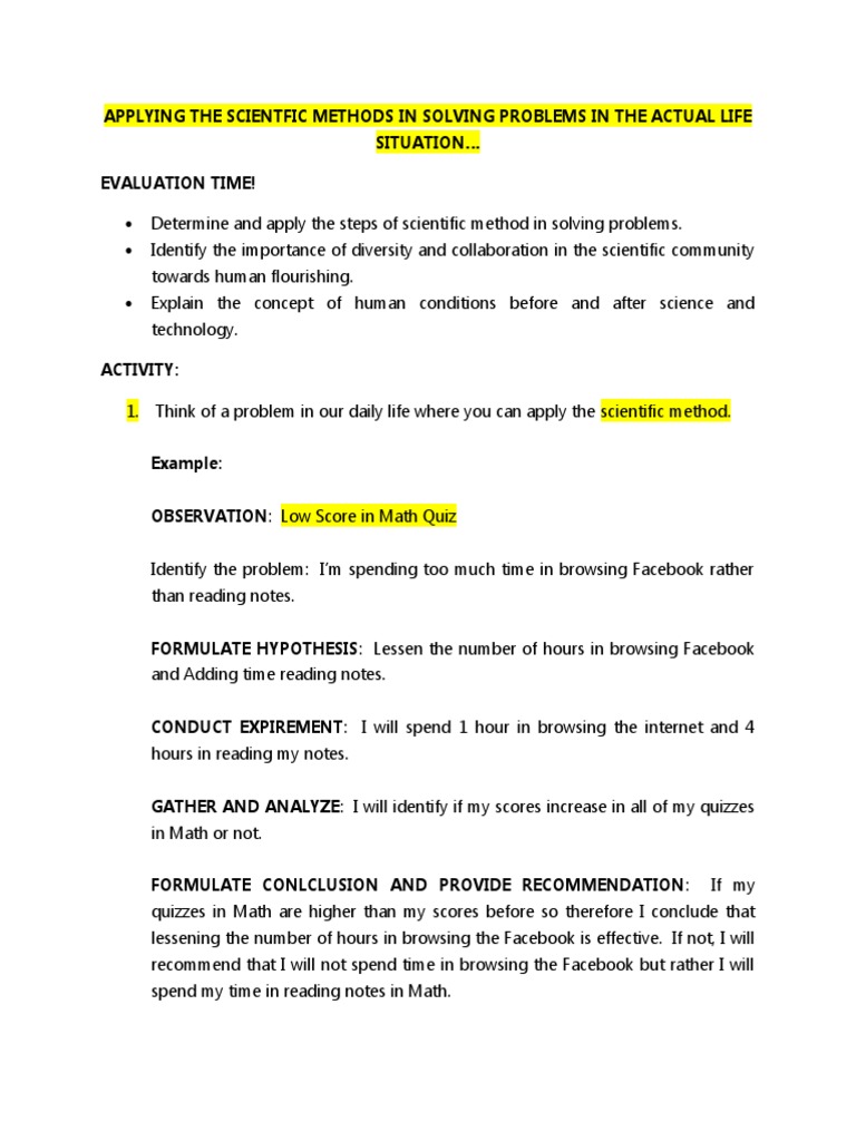 Applying The Scientfic Methods in Solving Problems in The Actual Life Situation | PDF ...
