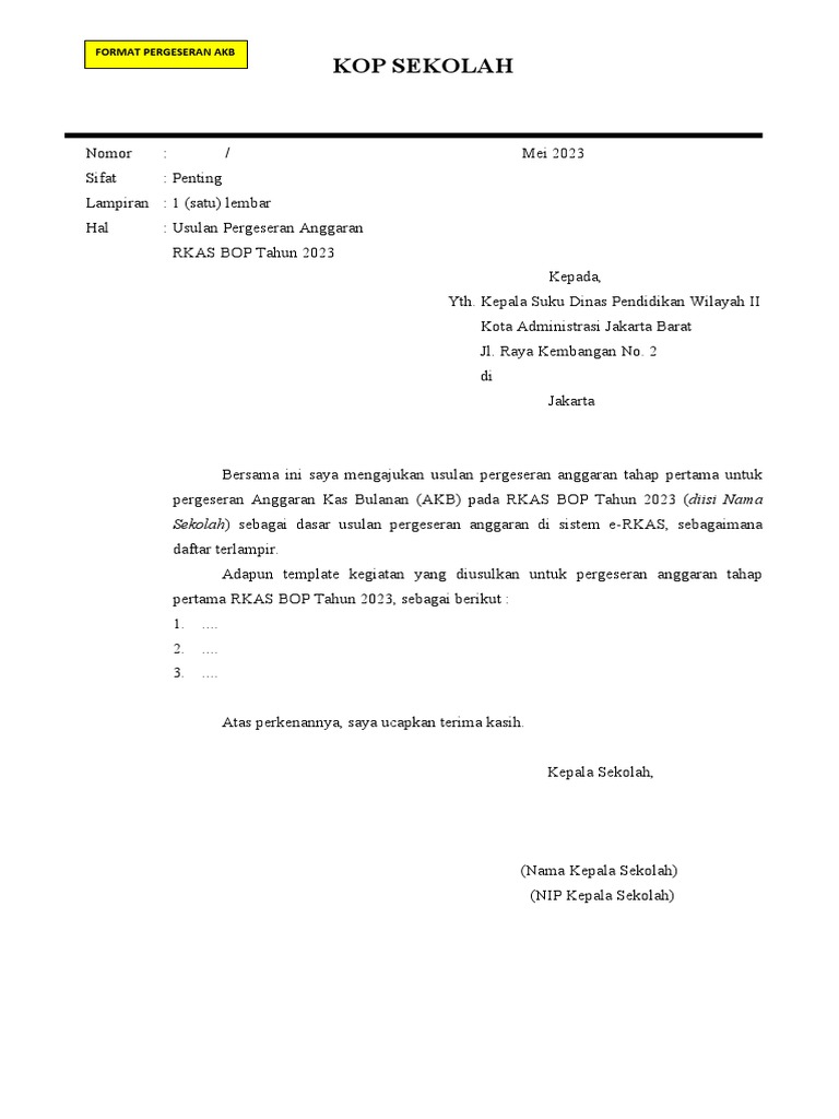 Format Surat Permohonan Pergeseran Anggaran Tahap Pertama (Geser Akb ...