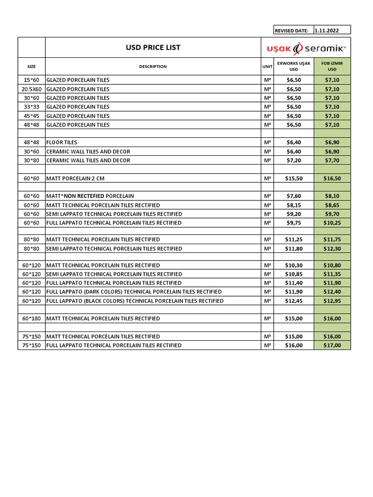 Usak Ceramic Price List Usd | PDF | Tile | Porcelain