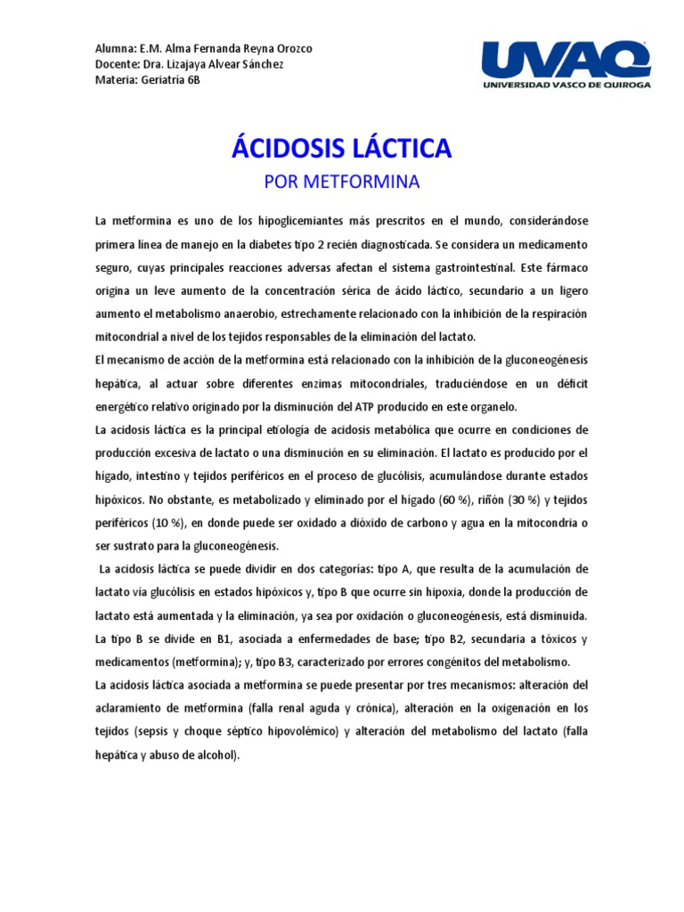 ÁCIDOSIS LÁCTICA GENERADA POR METFORMINA.docx | PDF | Ácido láctico ...