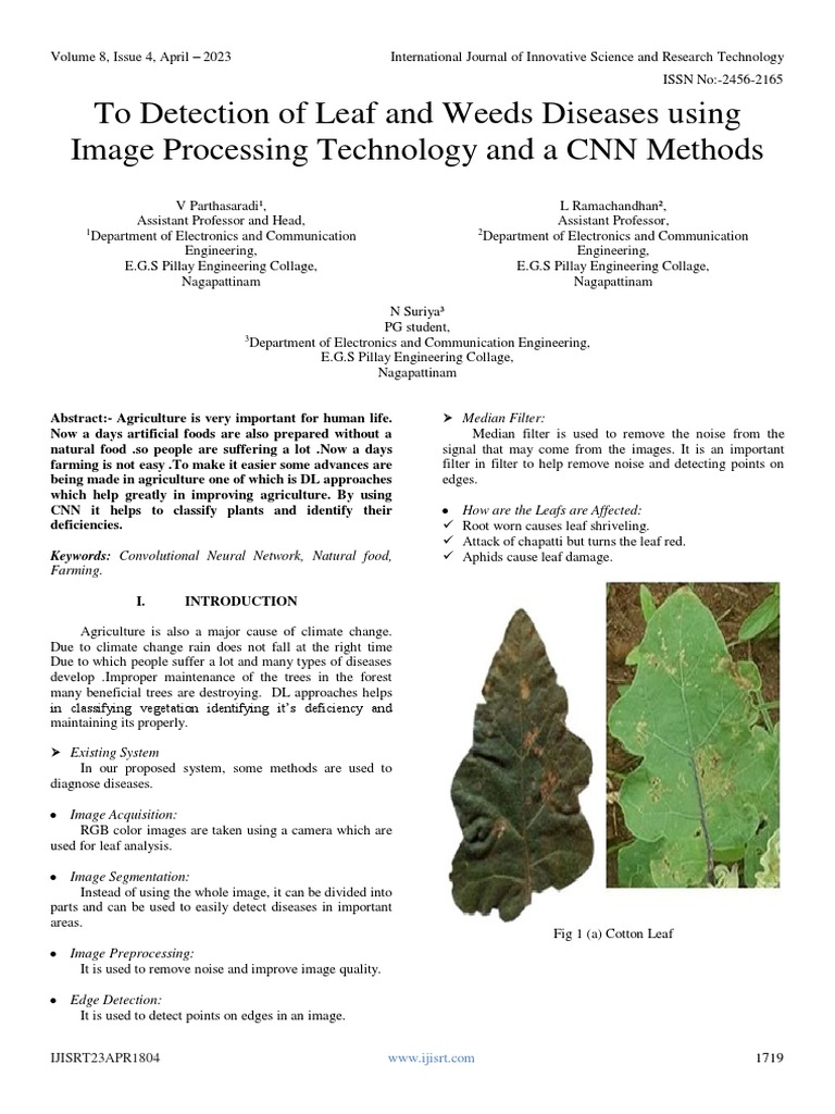 To Detection Of Leaf And Weeds Diseases Using Image Processing Technology And A Cnn Methods Pdf