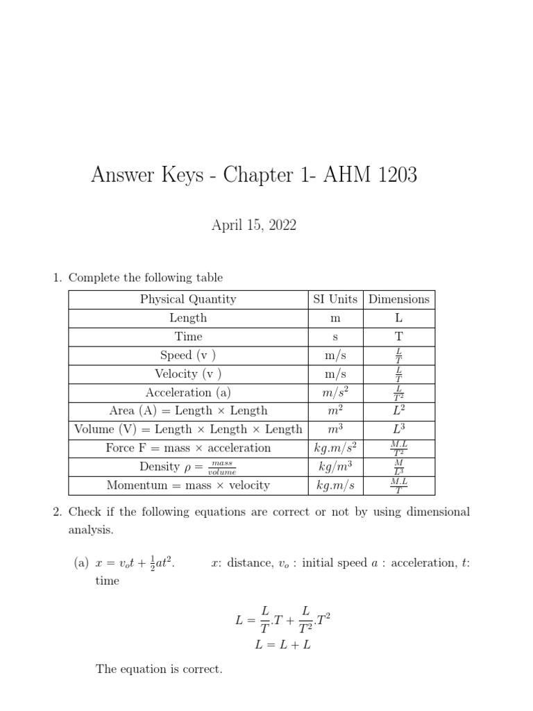 AHM 1203 Chapter 1 Answer Key Dimensions SI Units | PDF | Kilogram ...