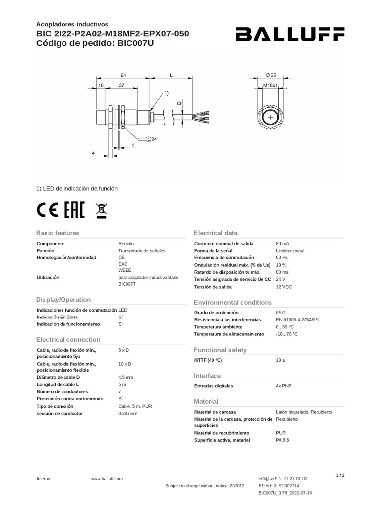 Datasheet Sensor Balluf | PDF | Electricidad | Ingenieria Eléctrica