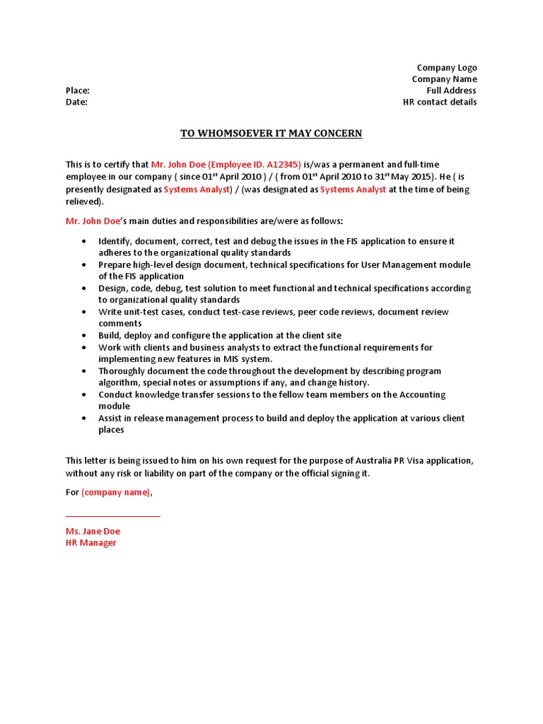 Roles Responsibilities Letter Sample Australia PDF | PDF