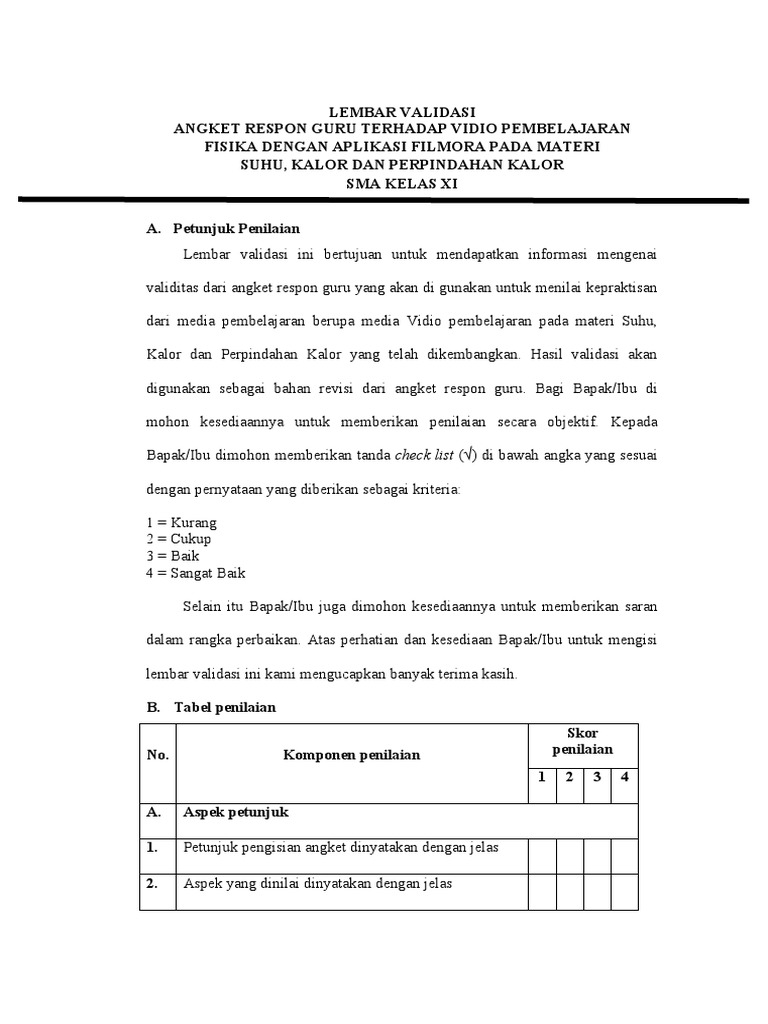Lembar Validasi Angket Respon Guru | PDF