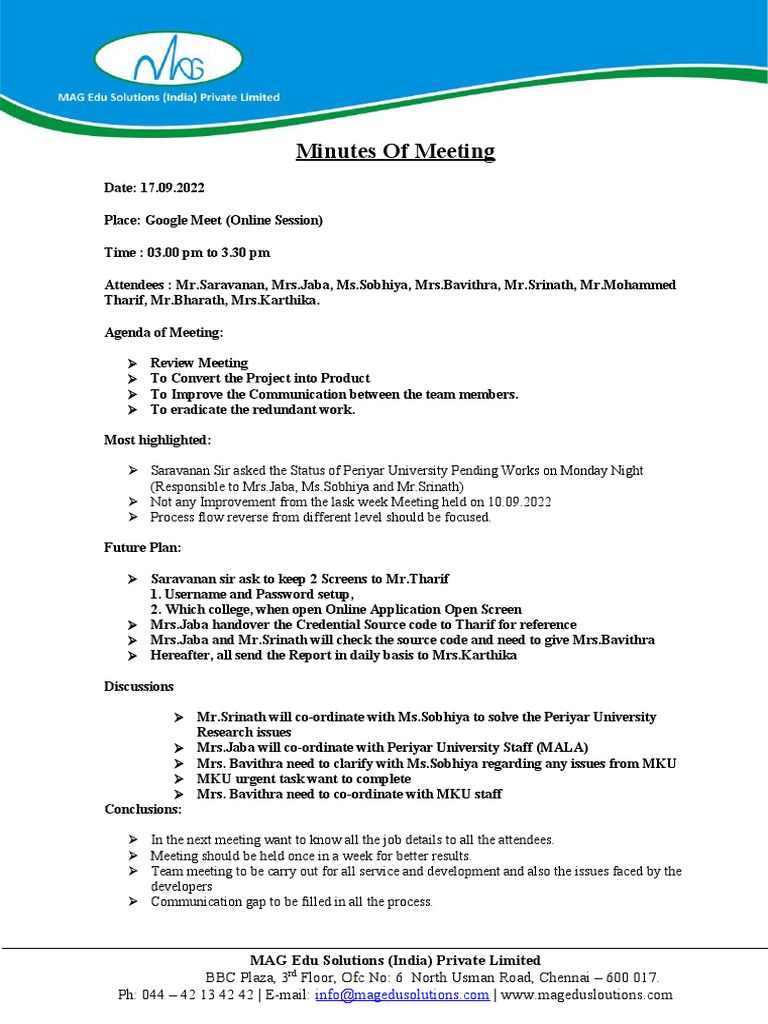 Review Meeting - MOM | PDF