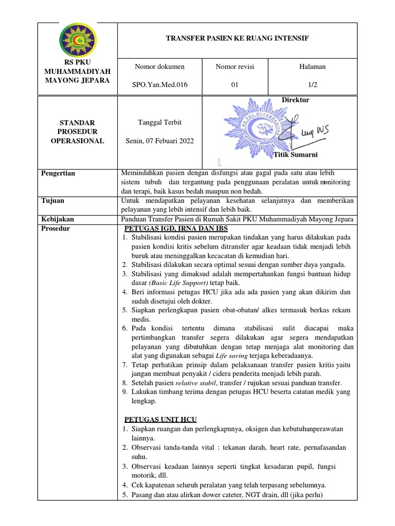 D. SPO TRANFER PASIEN KE RUANG INTENSIF PDF | PDF