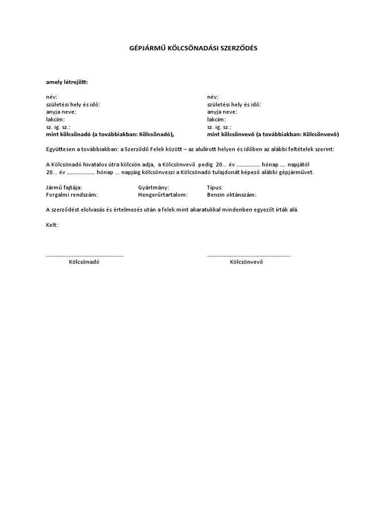 Gepjarmu Kolcsonadasi Szerzodes | PDF