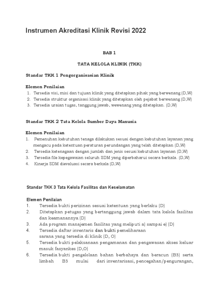 Instrumen Akreditasi Klinik Revisi 2022 | PDF